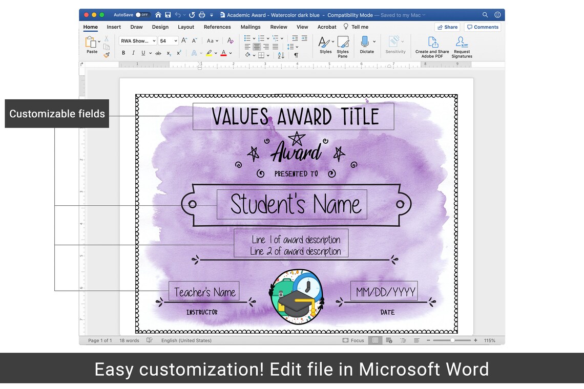 Values Award Certificate Template for Kids - Digital Download - Etsy