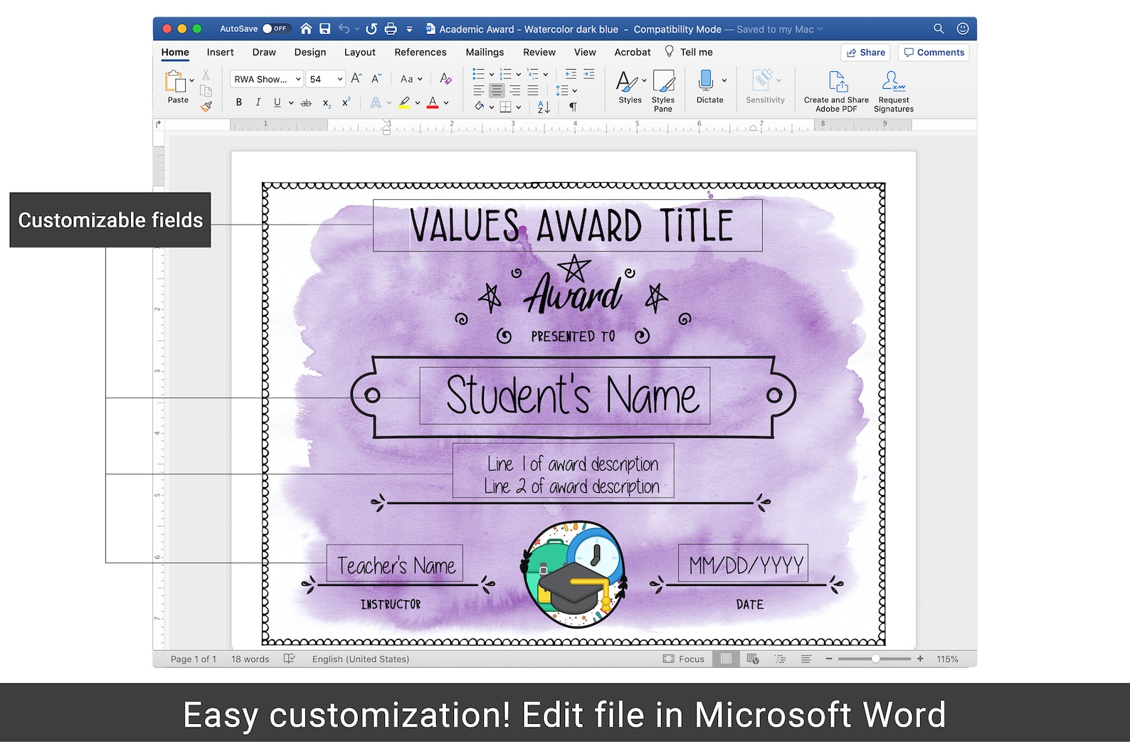 Values Award Certificate Template for Kids Digital Download - Etsy
