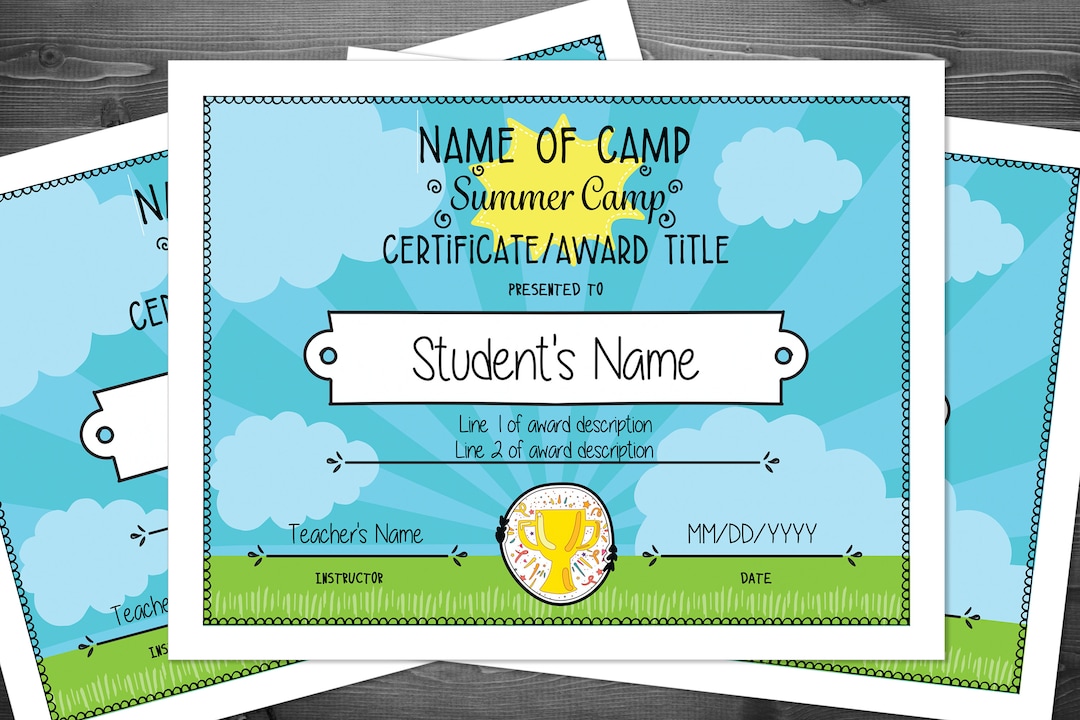 Summer Camp Certificate or Award Template for Kids - Digital Download ...