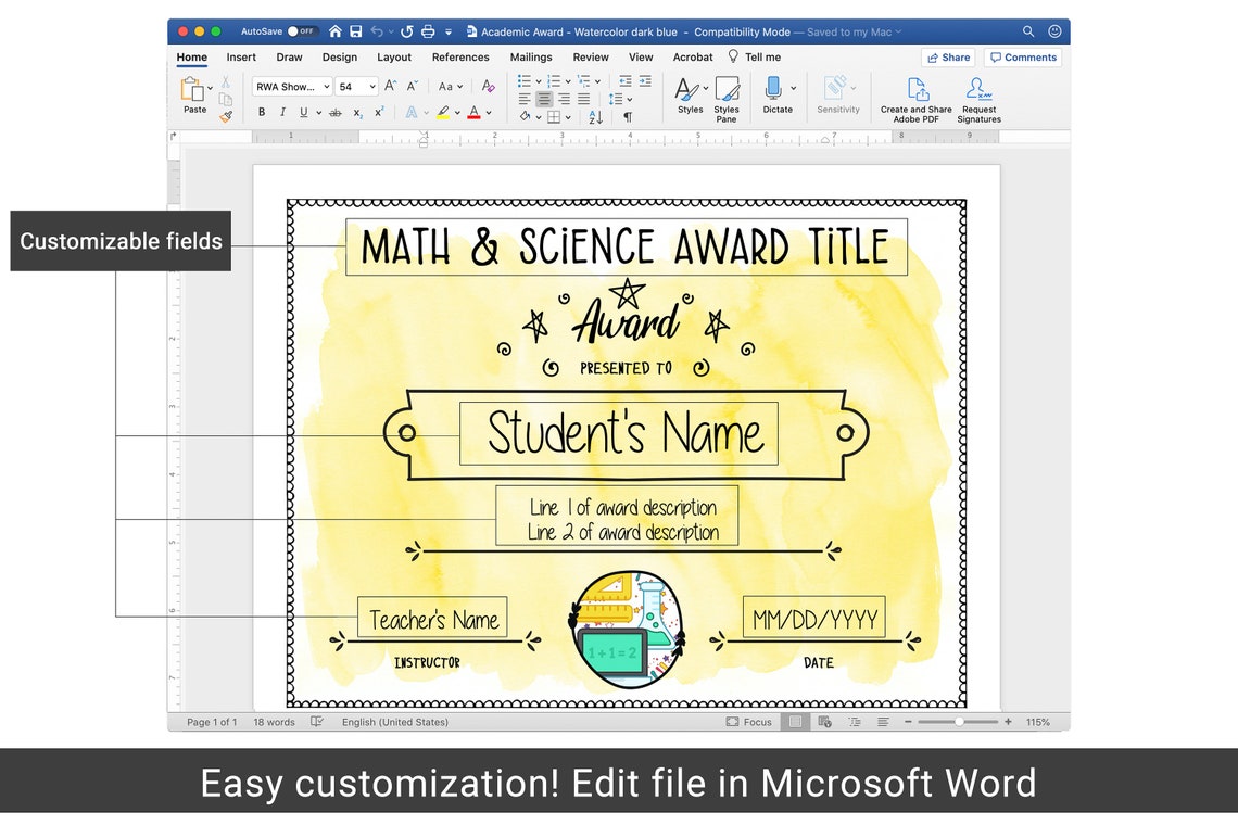 Math Science and Technology Award Certificate Template for | Etsy