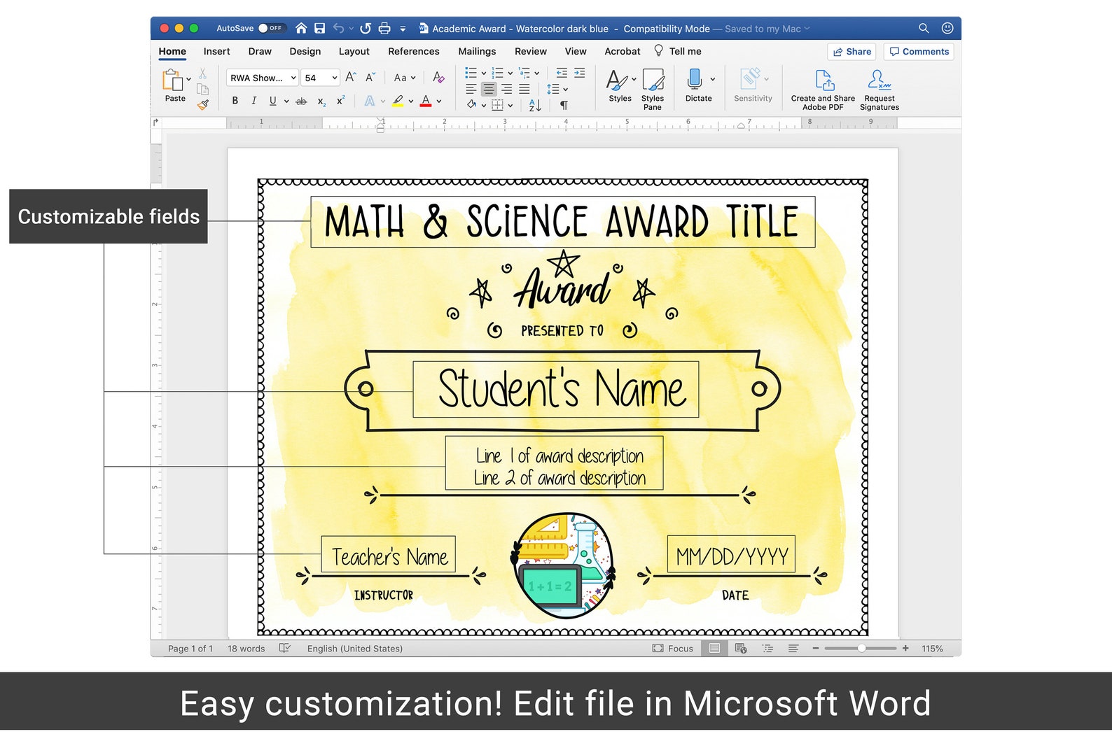Math Science and Technology Award Certificate Template for | Etsy