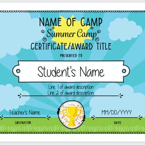 Summer Camp Certificate or Award Template for Kids - Digital Download ...