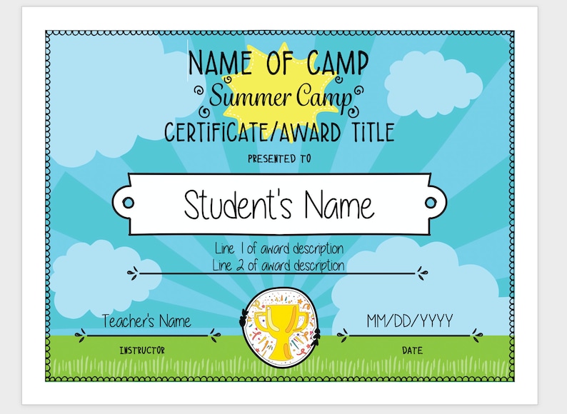 Summer Camp Certificate or Award Template for Kids Digital | Etsy