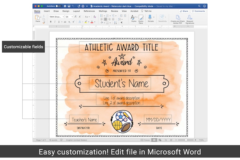 Athletic Award Certificate Template for Kids Digital - Etsy