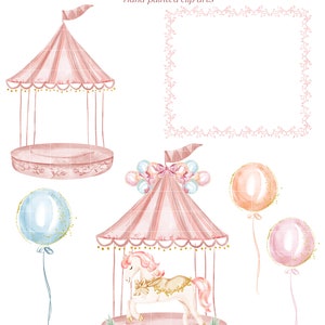 Pink Carousel With Horse Watercolor Cliparts Balloons Clipart Birthday ...