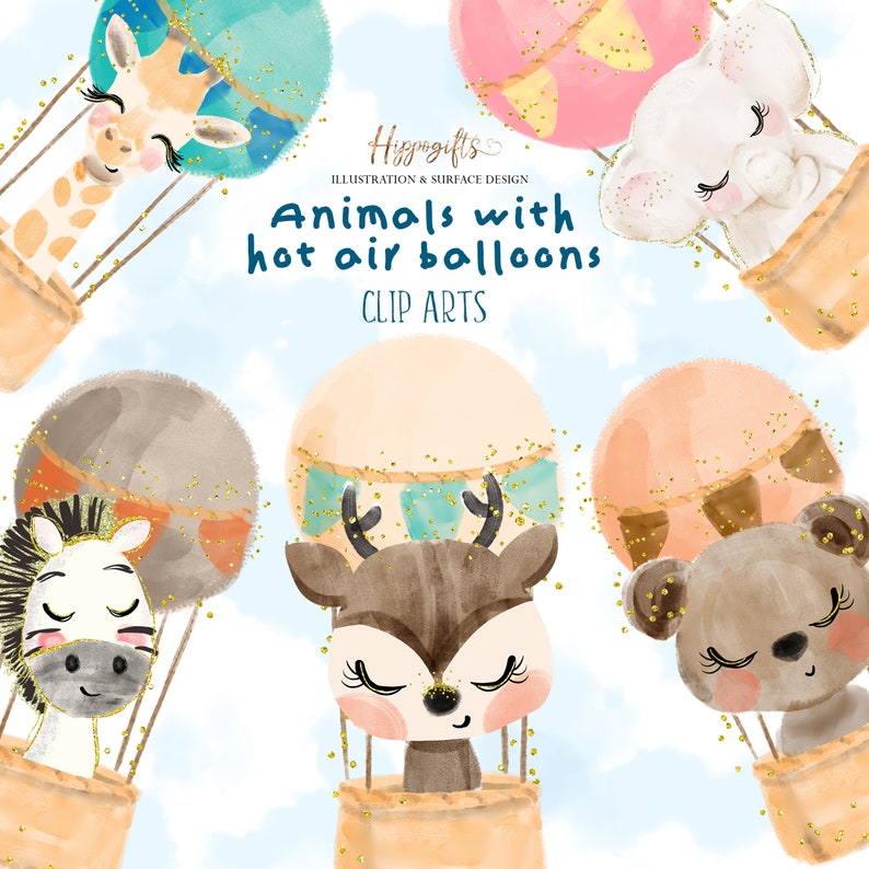 Watercolor Animals With Hot Air Balloons Clipartsanimals - Etsy