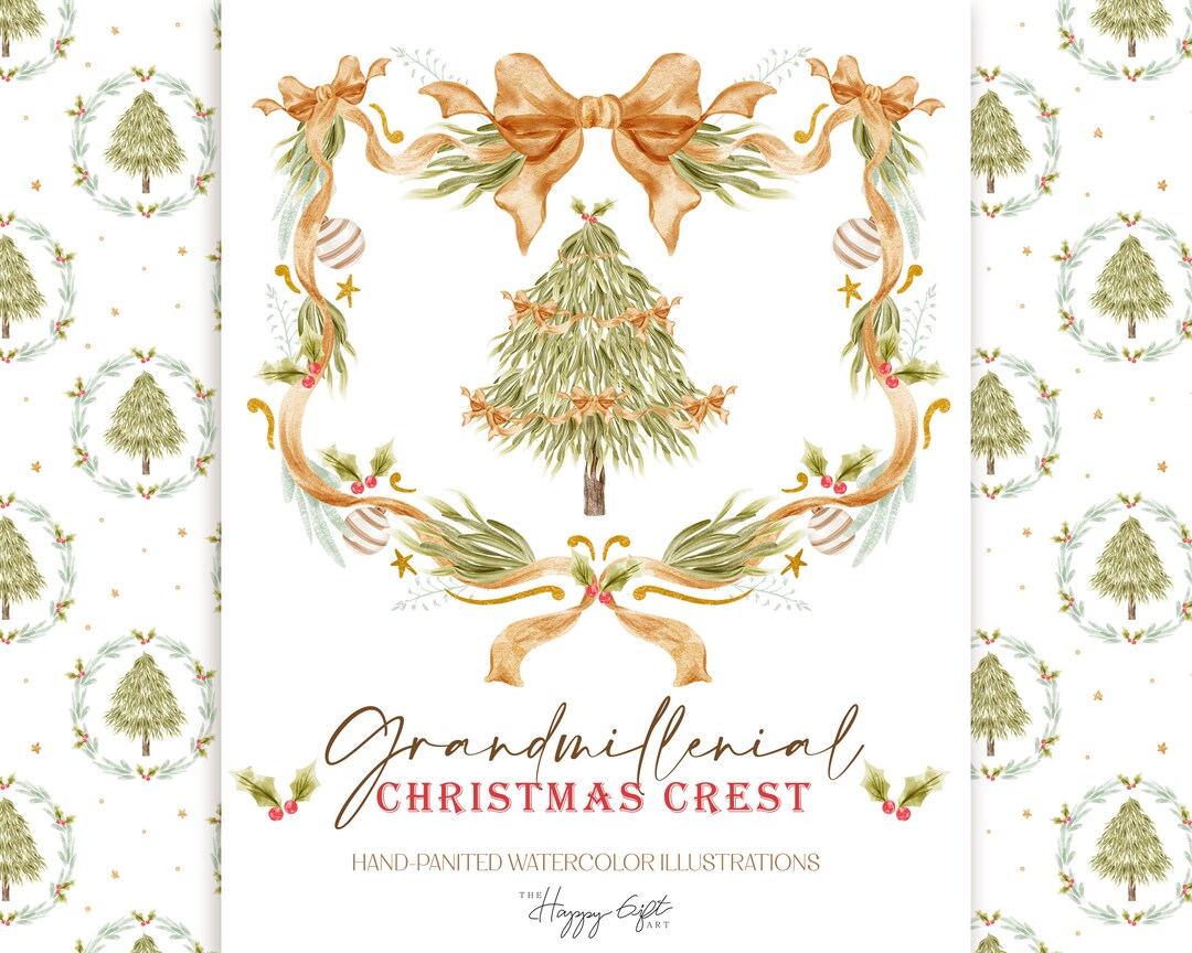 Grandmillennial Christmas Crest DIY Watercolor Clipart Vintage Bow ...