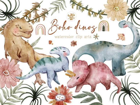 Boho Dinos Watercolor Illustrations Dinosaur Clipartsboy - Etsy