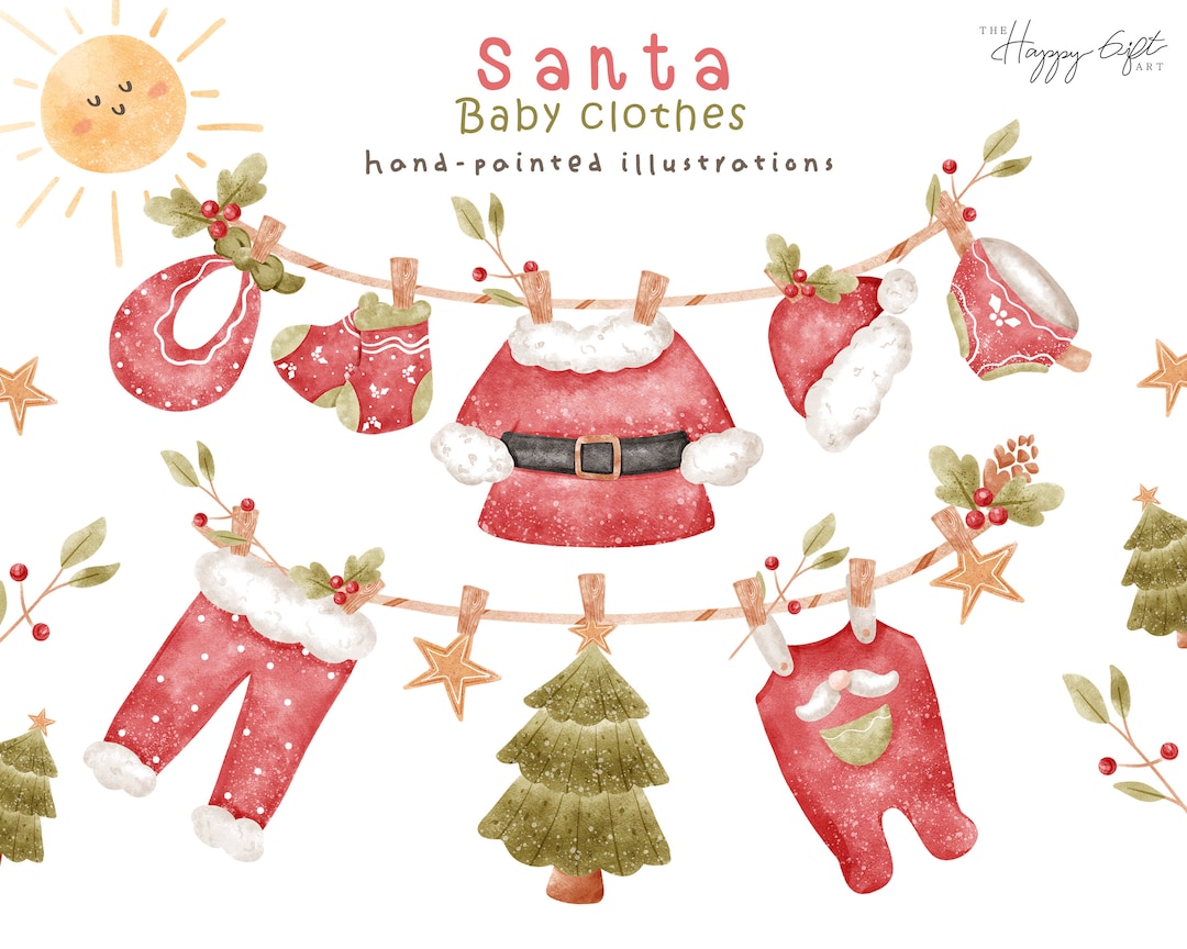 Santa Baby Clothes Clipart, Christmas Watercolor Clipart, Baby Shower ...