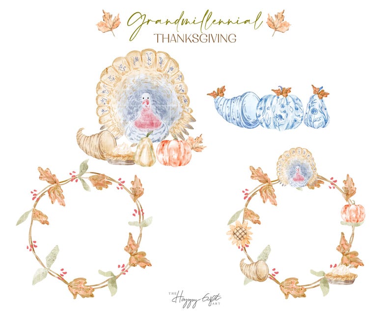 Grandmillennial Thanksgiving Chinoiserie Clip Art DIY Watercolor ...