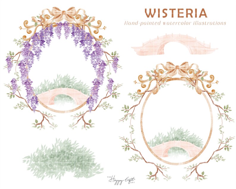 Grandmillennial Wisteria Flower Illustrations - Wedding Crest - DIY ...