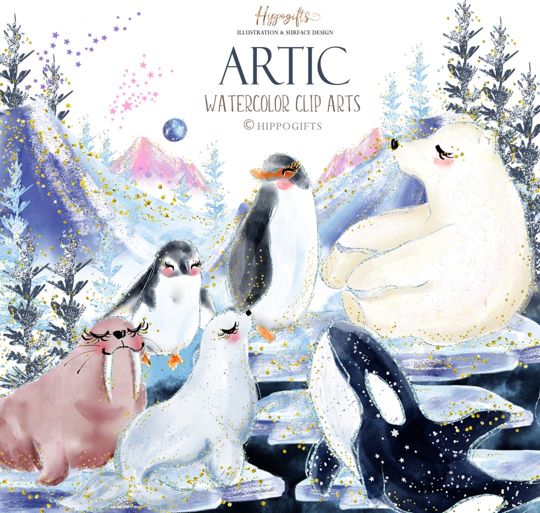 Artic Animals Watercolor Clip Arts,polar Bear Clipart,walrus,penguin ...