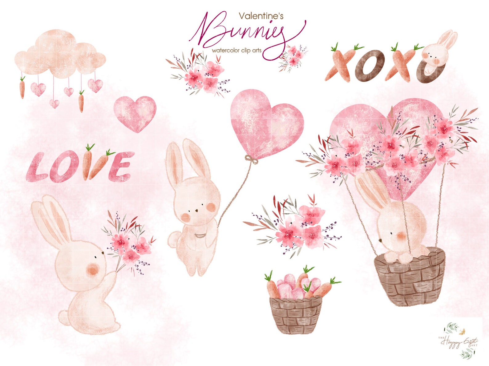 Valentine's Day Bunnies Clipart Bunnies Watercolor - Etsy