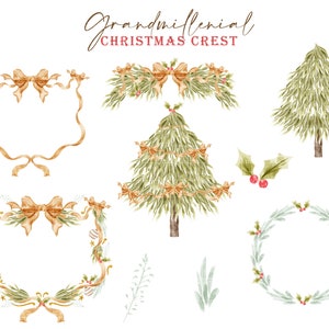 Grandmillennial Christmas Crest DIY Watercolor Clipart Vintage Bow ...