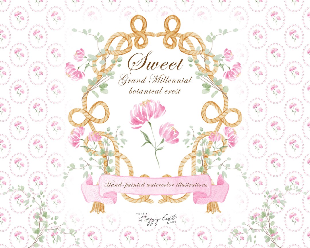 Sweet Grand Millennial Botanical Crest Clip Art DIY Watercolor Clip Art ...