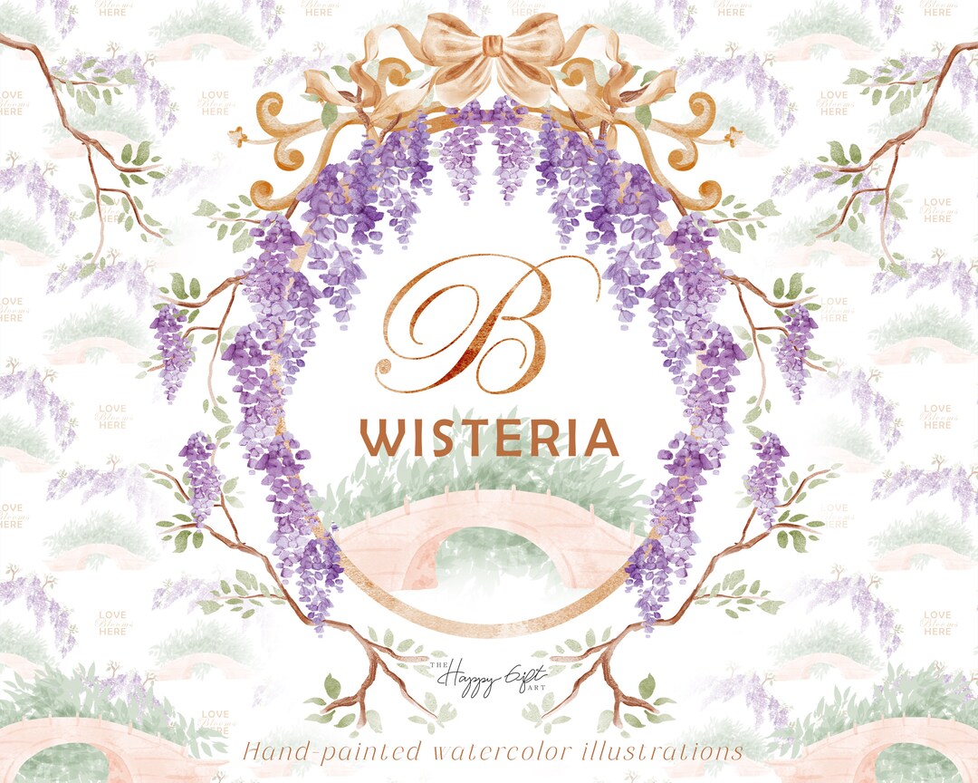 Grandmillennial Wisteria Flower Illustrations - Wedding Crest - DIY ...