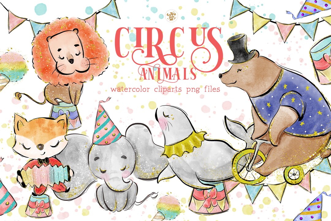 Circus Animal Watercolor Cliparts, Animals Clipart, Cute Circus ...