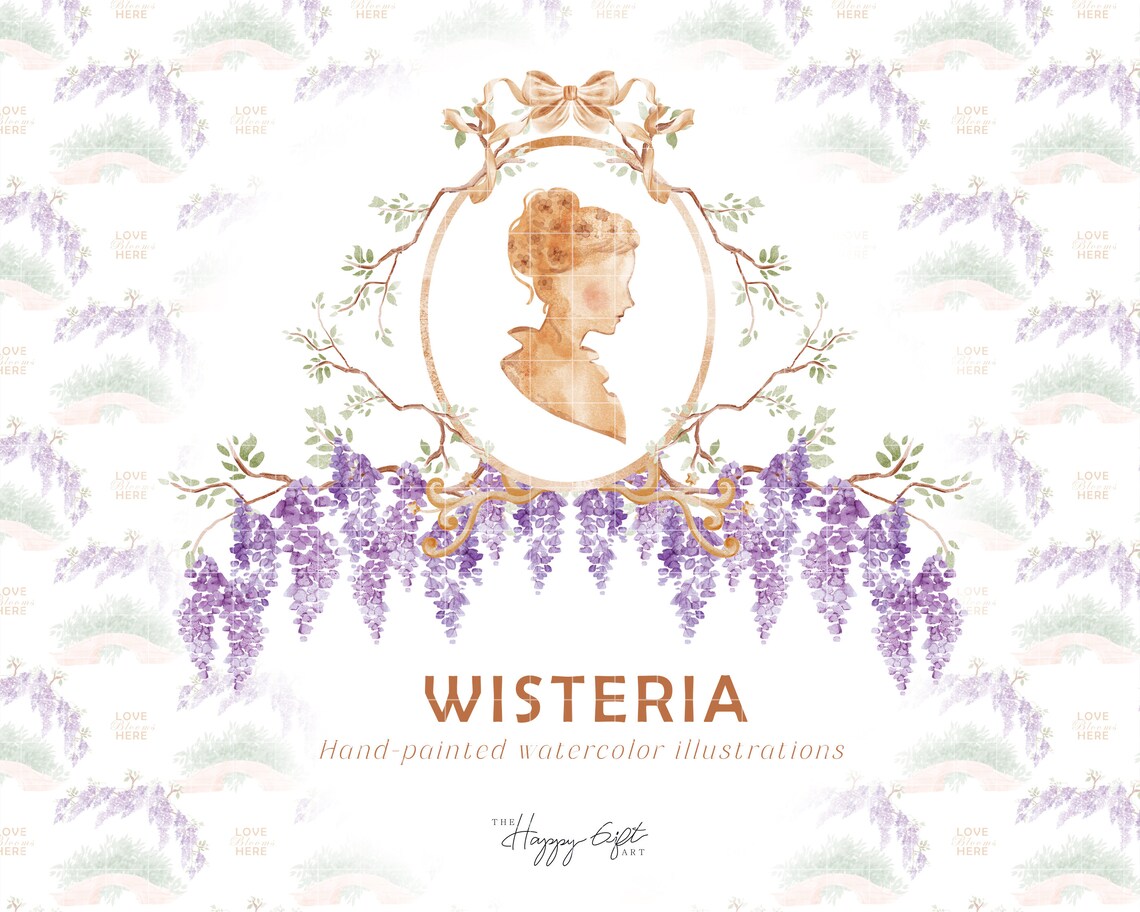 Grandmillennial Wisteria Flower Illustrations - Wedding Crest - DIY ...