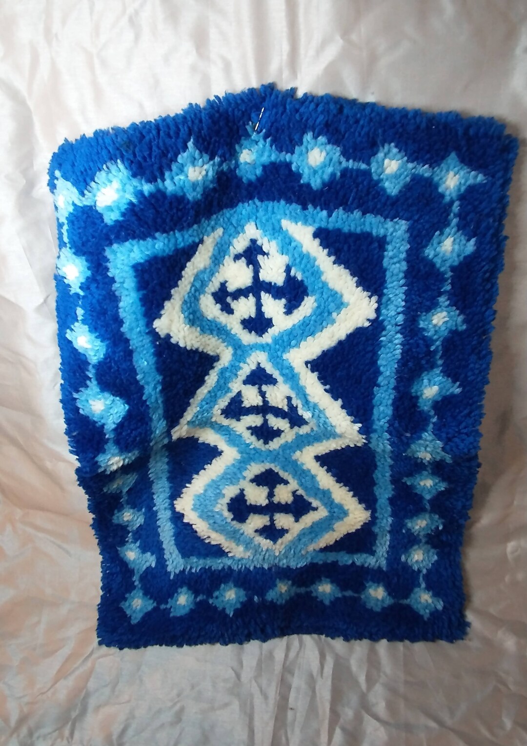 Mid Century Latch Hook Wall Art Piece | Dark and Light Blue, White ...