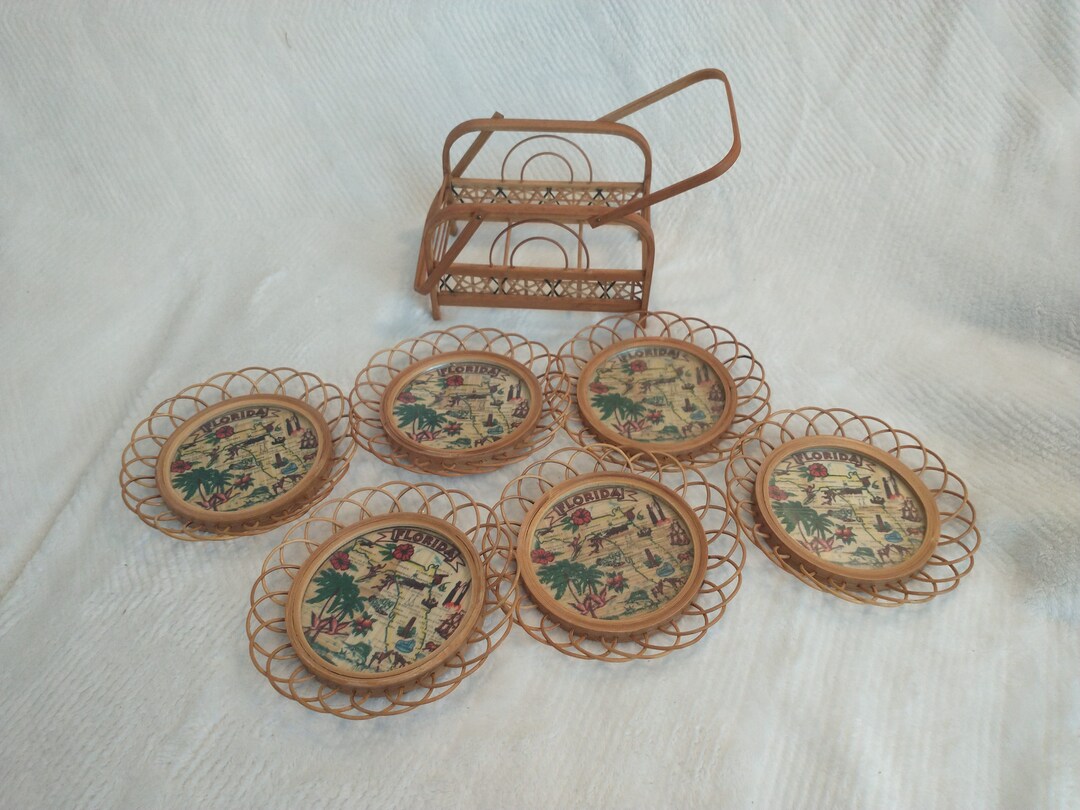 Wicker Rattan Drink Coasters W/ Stand | Wicker Coasters | Rattan ...