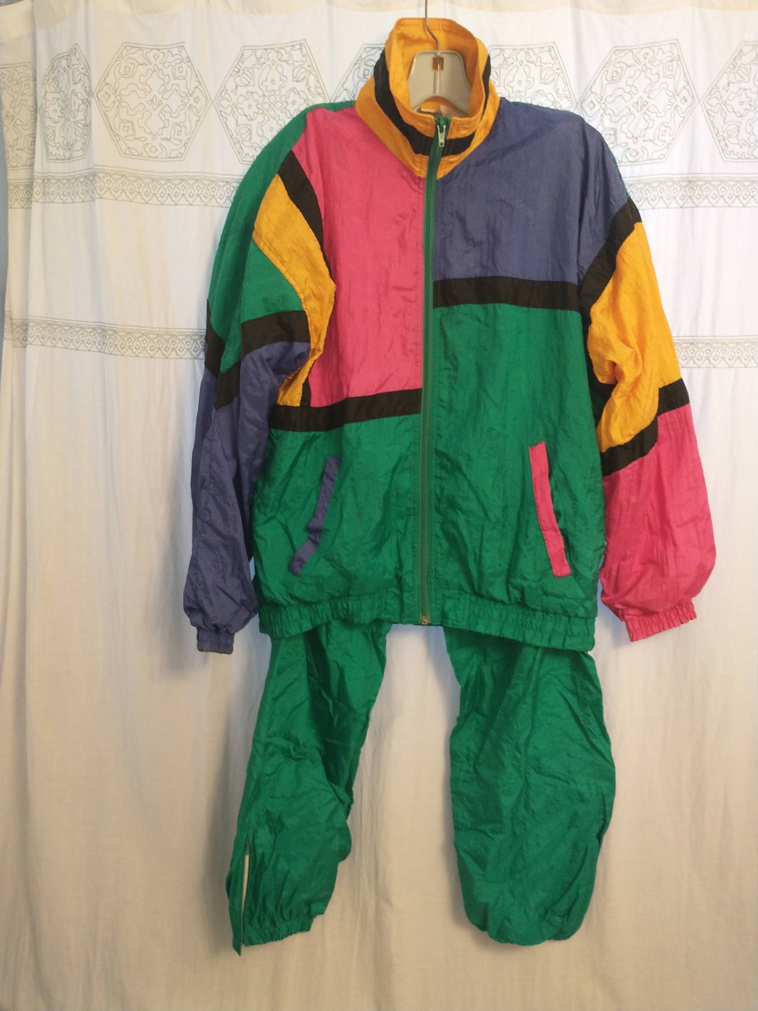 90s Wind Suit Vtg 80s Track Suit Purple, Green, Yellow & Pink Matching Jacket and Pants Vtg ...