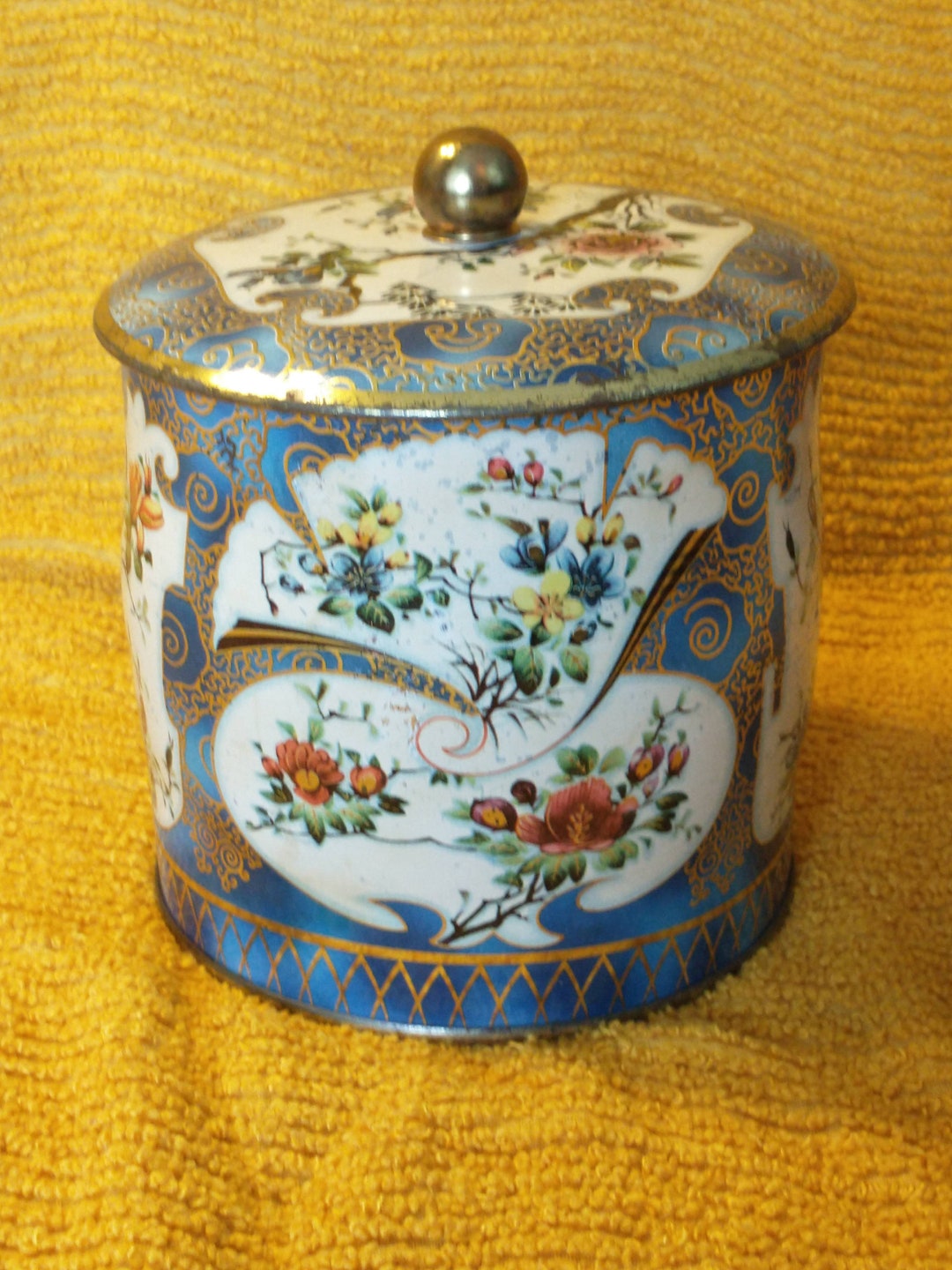 Gold and Blue Floral Vintage Storage Tin W/ Knobbed Lid | Vintage ...