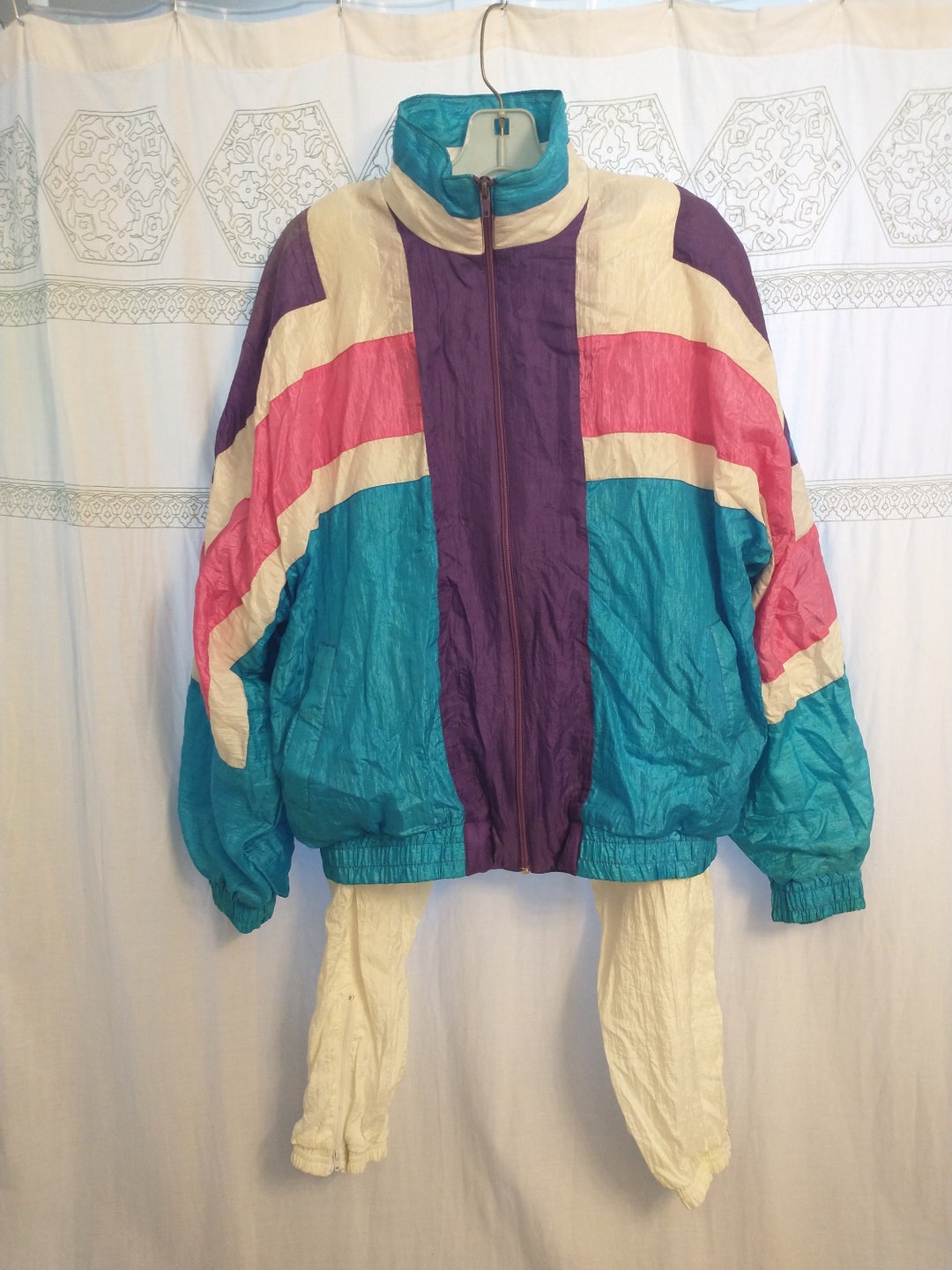 90s Wind Suit | Vintage 80s Track Suit | Purple, Aqua, White & Pink Matching Jacket and Pants ...