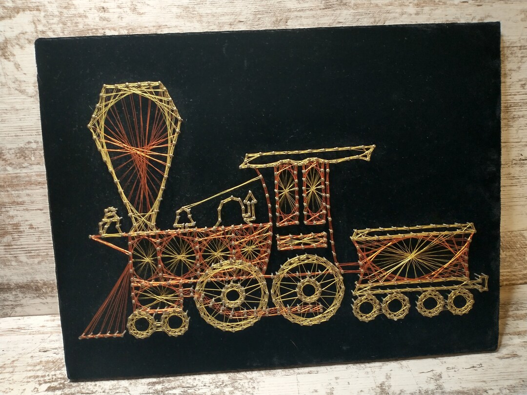 Metal String Art Train on Velvet | Vintage Nail and String Art Using ...