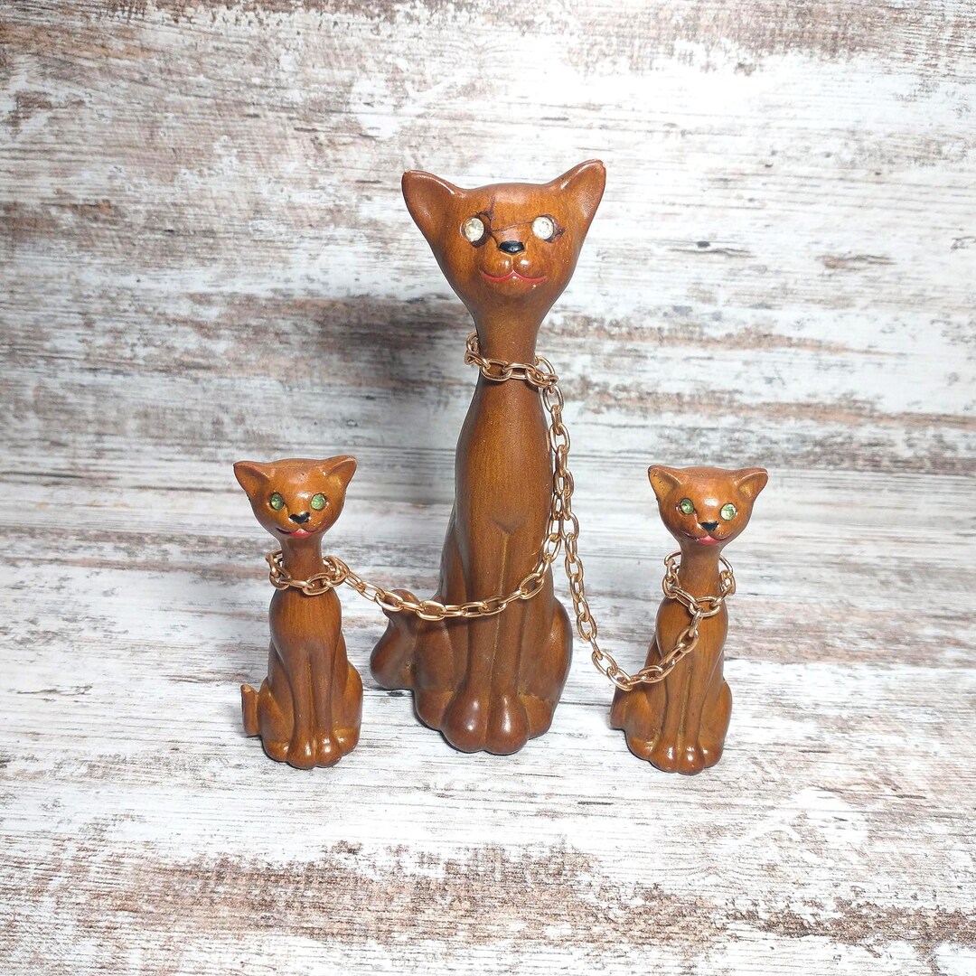 Vintage Wooden Cat Family Figurines – Chained Mother Cat With Two ...