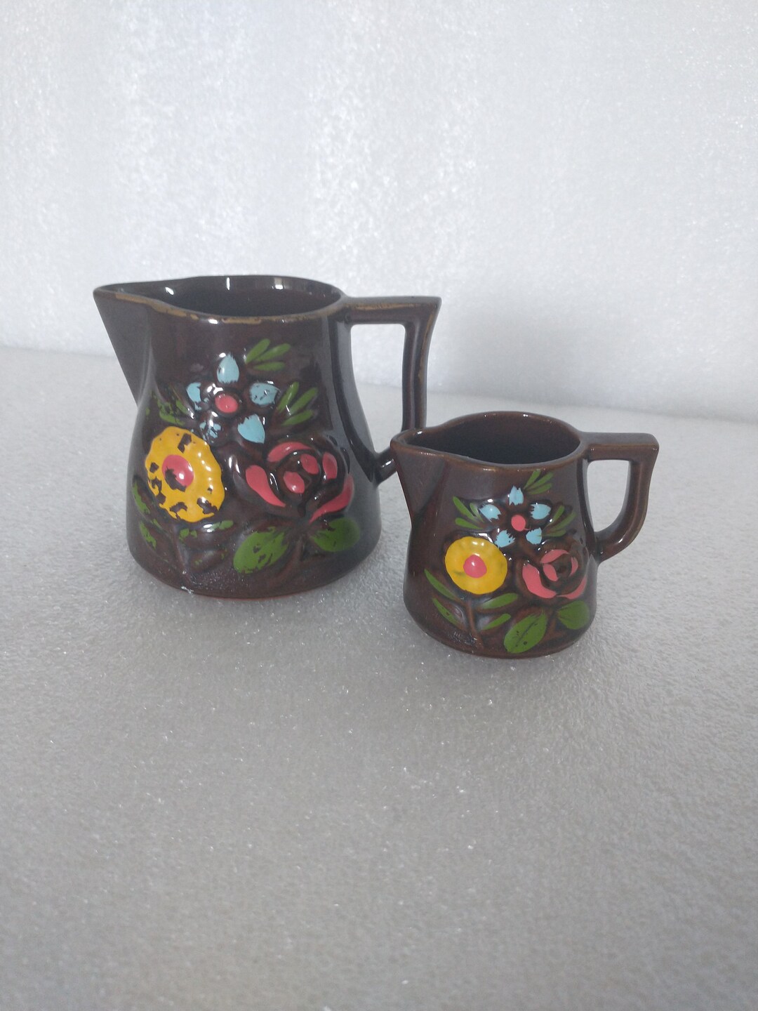 Vintage Miniature Pottery Pitcher Set: Brown Floral Japan Decor - Etsy