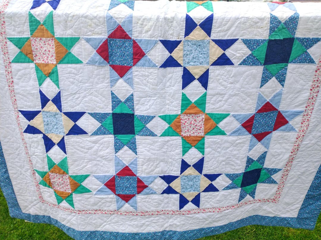 90s Vintage 8-point Star Quilt, 100% Cotton Quilt, Made in USA by Arch ...