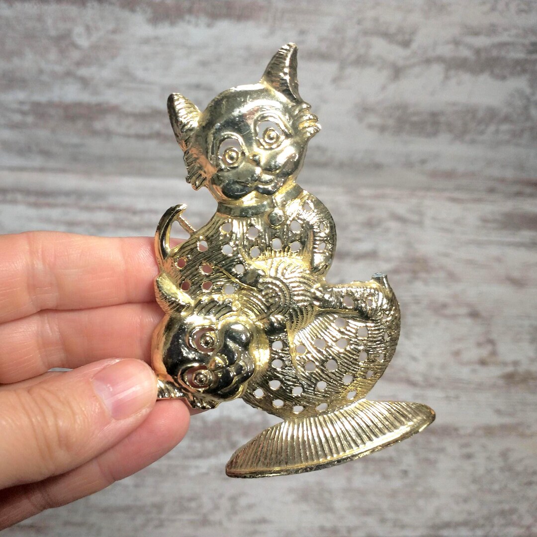 Gold Metal 70s Cat Earring Tree | Vintage Metal Earring Tree Shaped ...