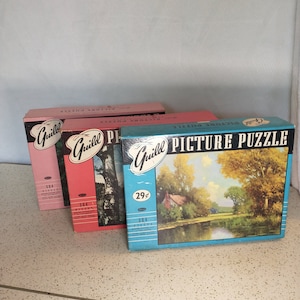 Guild Picture Puzzles Set of Three in Aqua, Pink, and Red 1950s ...