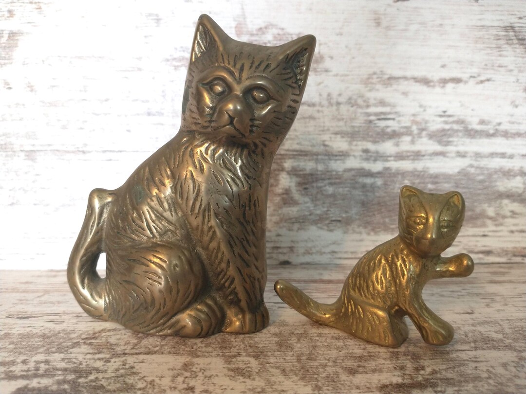 Brass Cat Set of 2 Figurines | Brass Figurines of Cat | Vintage Brass ...