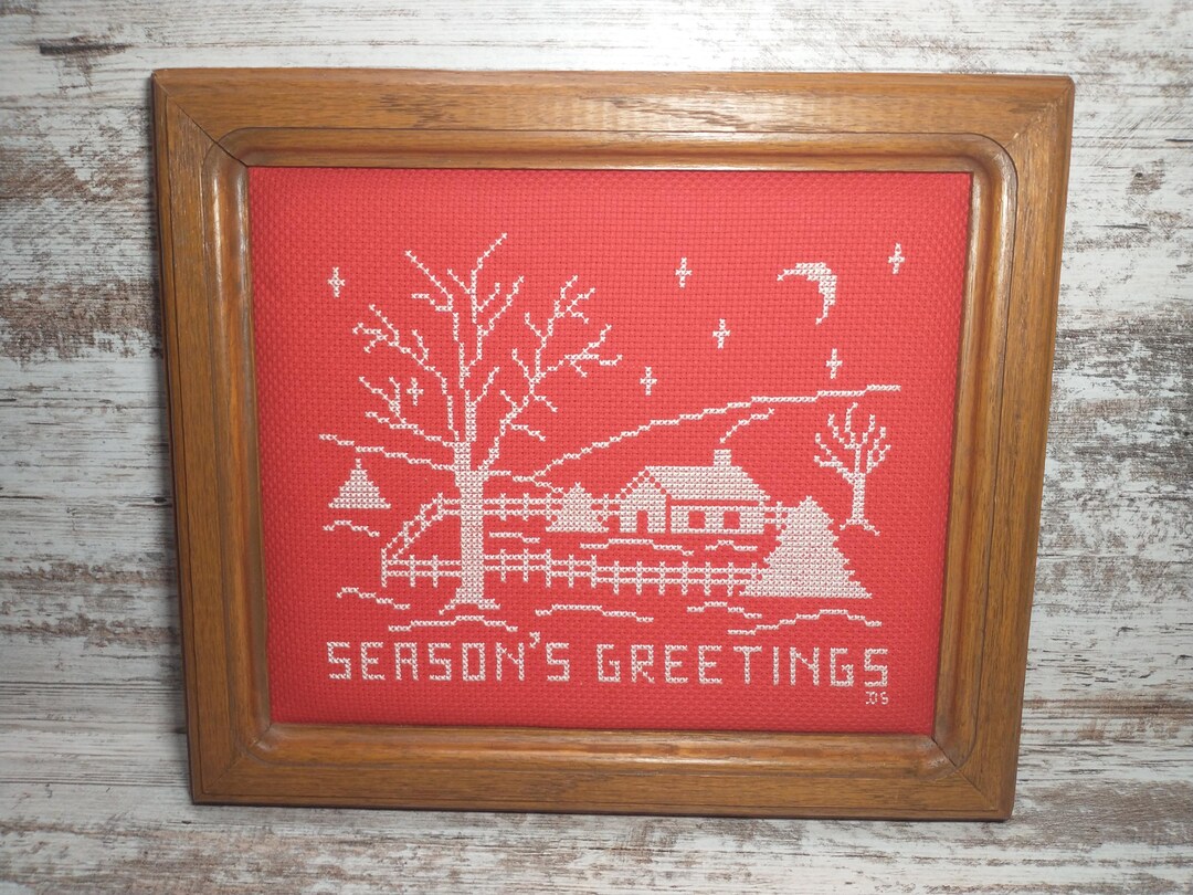 70s Embroidered Season's Greetings Wall Art | Vintage Cross Stitch ...