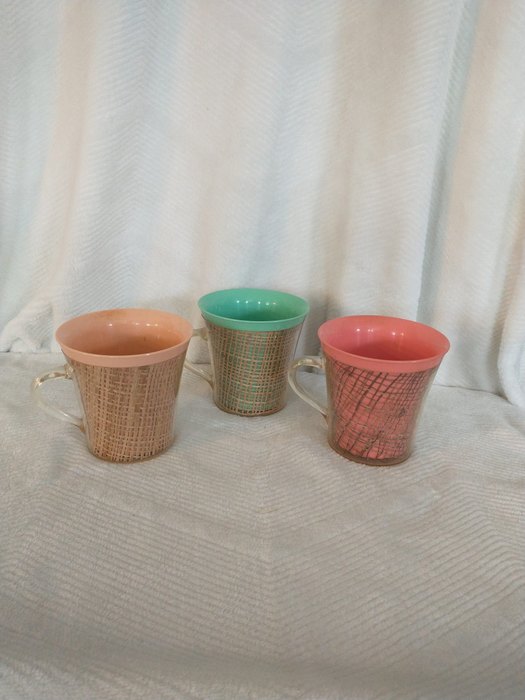 Vintage Raffiaware Mugs: Tiki Bar Set, Pink Peach Aqua - Etsy