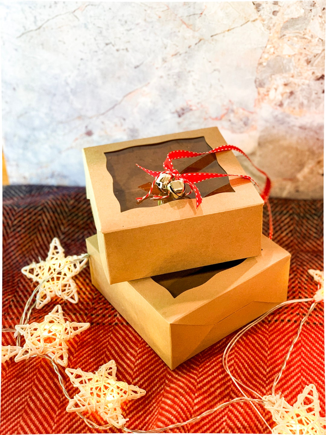 Set of 5 Kraft Brown Boxes With Jingle Bells and Red Stitch Ribbon for ...