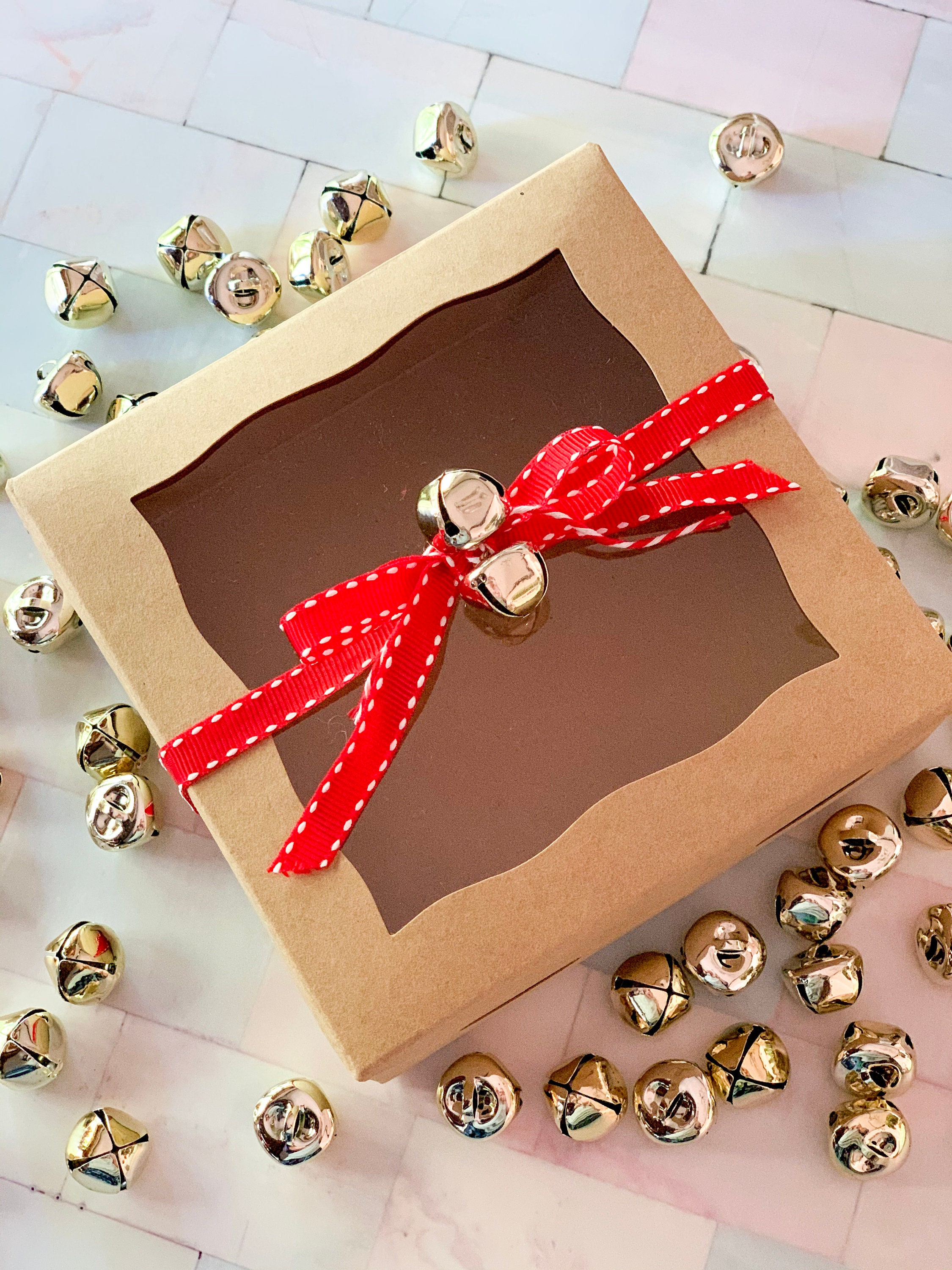 Set of 5 Kraft Brown Boxes With Jingle Bells and Red Stitch Ribbon for ...