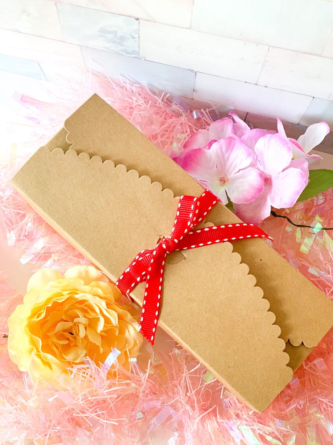 10 Small Scalloped Kraft Brown Boxes With Red Stitch Ribbons, Holiday ...