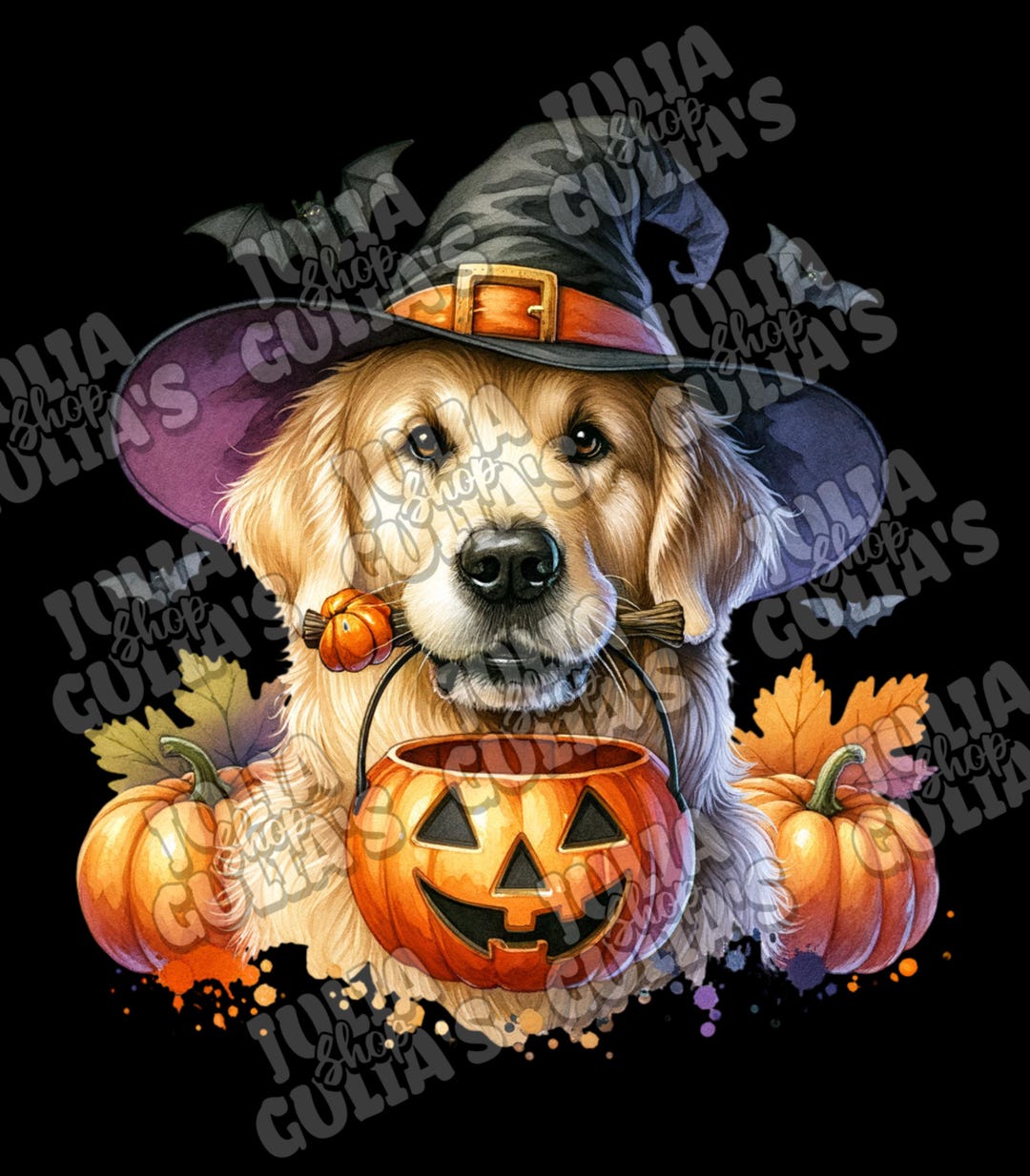 Golden Retriever PNG, Halloween Golden Retriever, Bats and Pumpkins ...