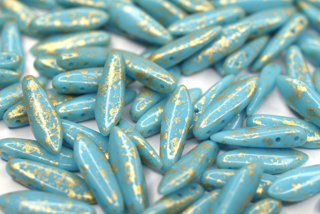10 5x16mm Opaque Blue Turquoise Gold Splash Iris Dagger Beads, Schmuck ...