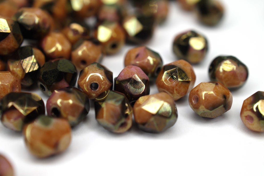 20 Opaque Ivory Cocoa Red Luster Bohemian Beads 6 Mm, Czech Fire ...