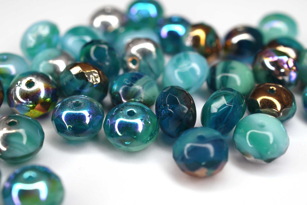 10 Aqua Marble Mix Rondelle Czech Beads 6 X 9 Mm, Czech Fire Polished ...