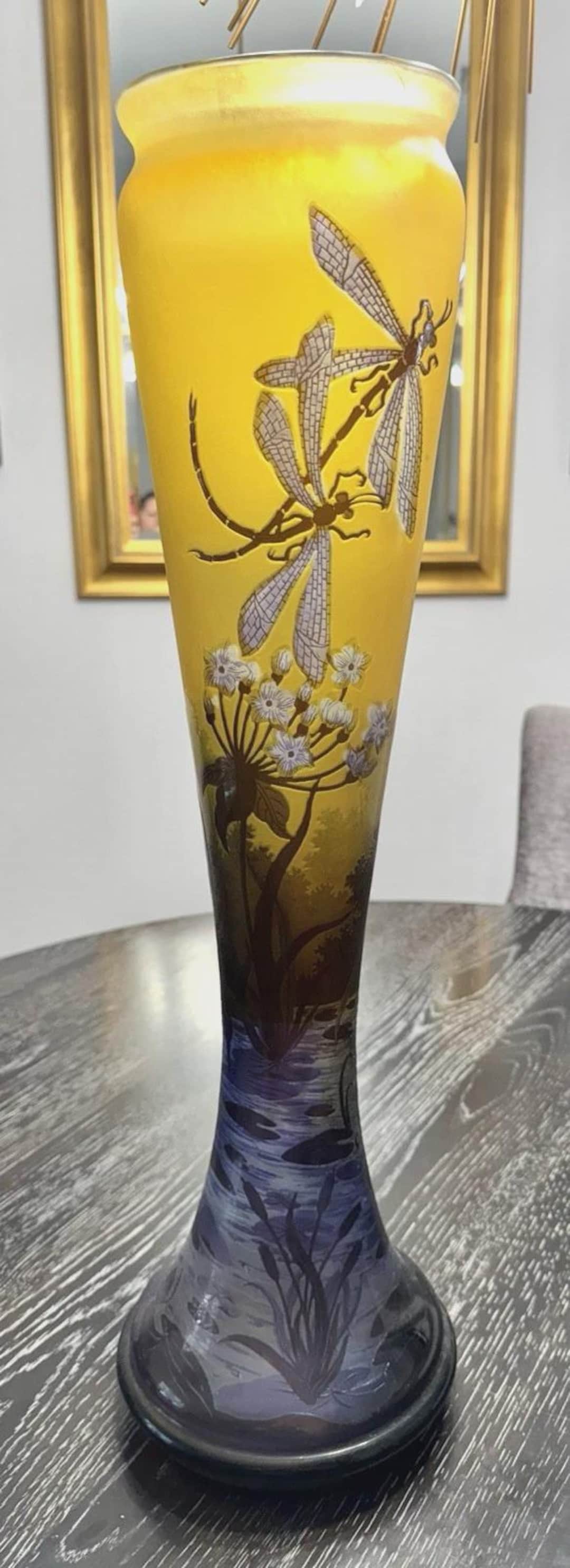 GALLE Signed, Vintage, Raised Art Glass Cameo, Dragonflies/flowers ...