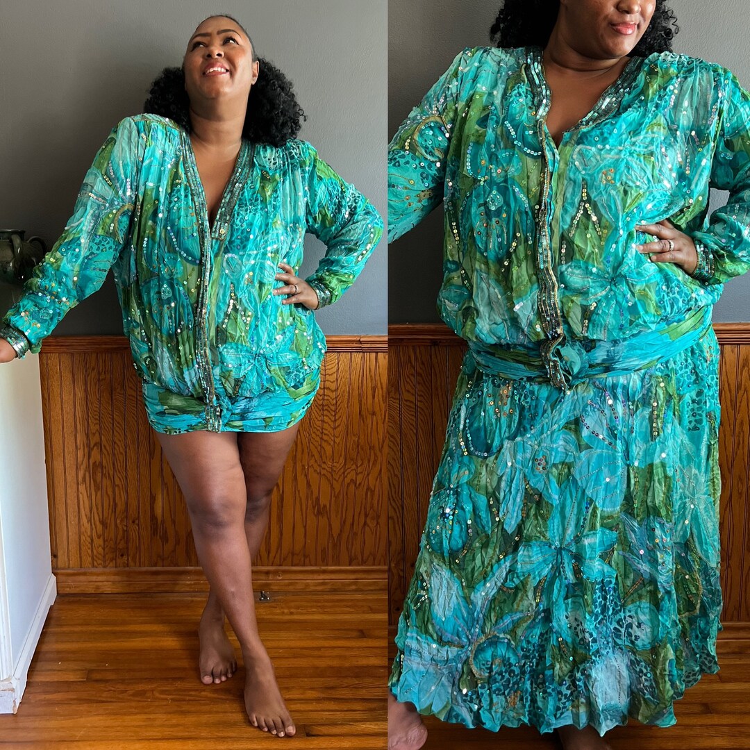 80s Plus Size Judith Ann Plus Aqua Turquoise Silk Sequined Tunic and ...