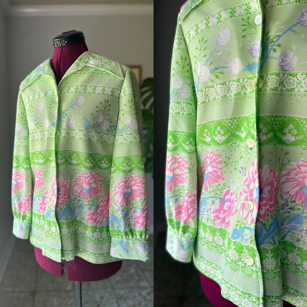 60s 70s Mark the 7th Ltd. Green Spring Floral Button Down Blouse - Etsy