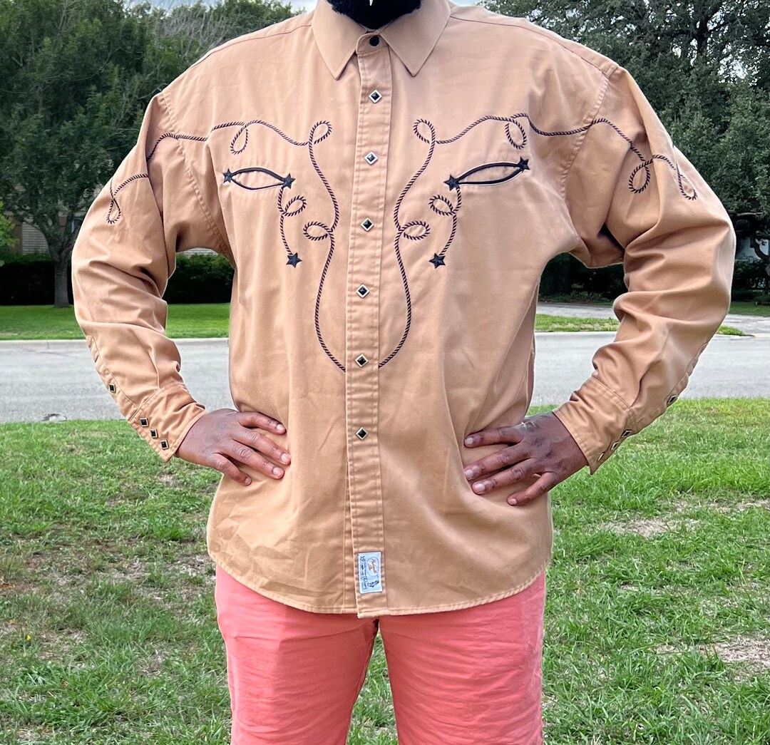 80s 90s Panhandle Slim Tan and Black Embroidered Snap Down Shirt ...