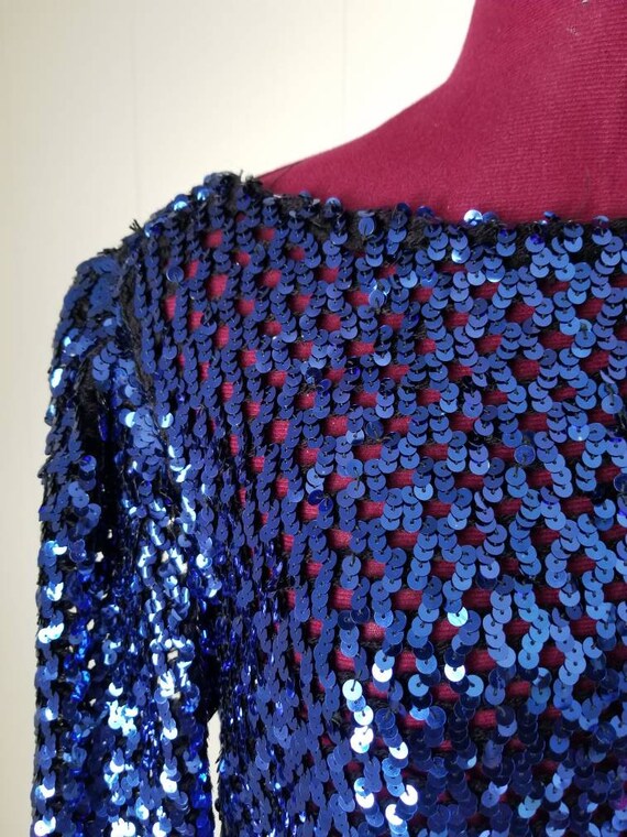 70s 80s Blue Vintage Sequin Crochet Knit Top - See Th… - Gem