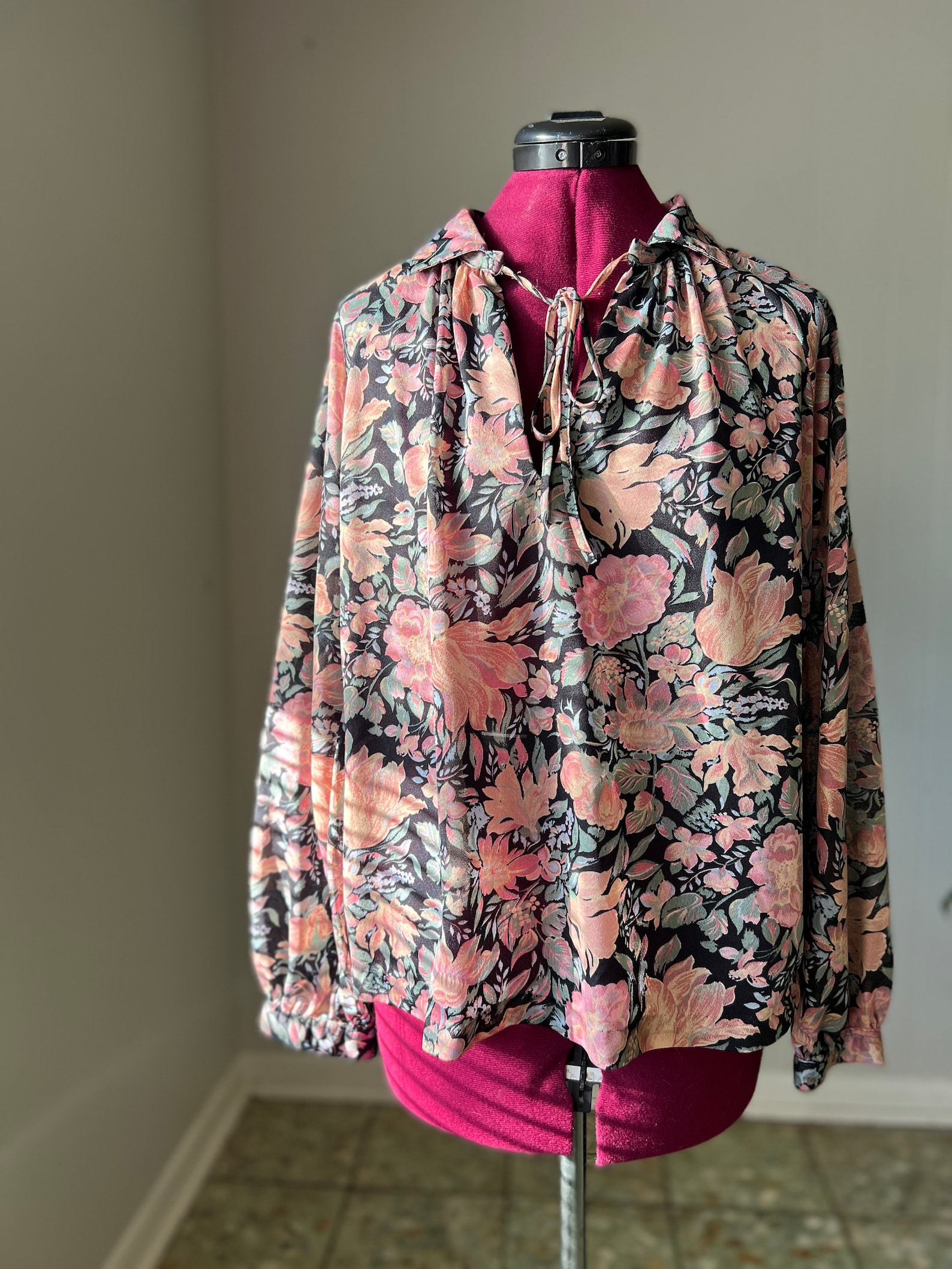 70s Plus Size Miss Fashionality Sheer Dark Floral Blouse - Black and ...