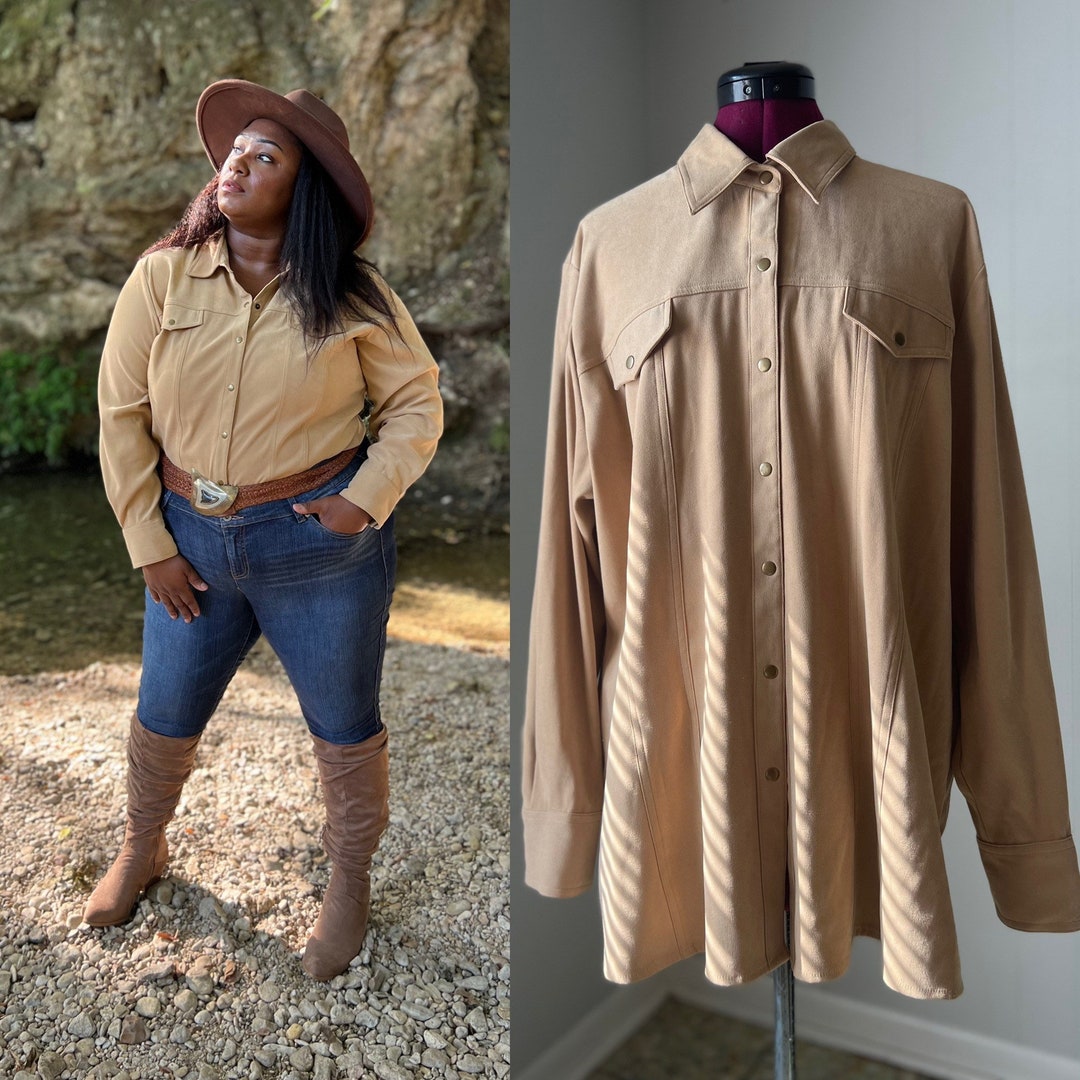 90s Joanna Tan Plus Size Western Wear Top - Faux Suede - Stretchy ...